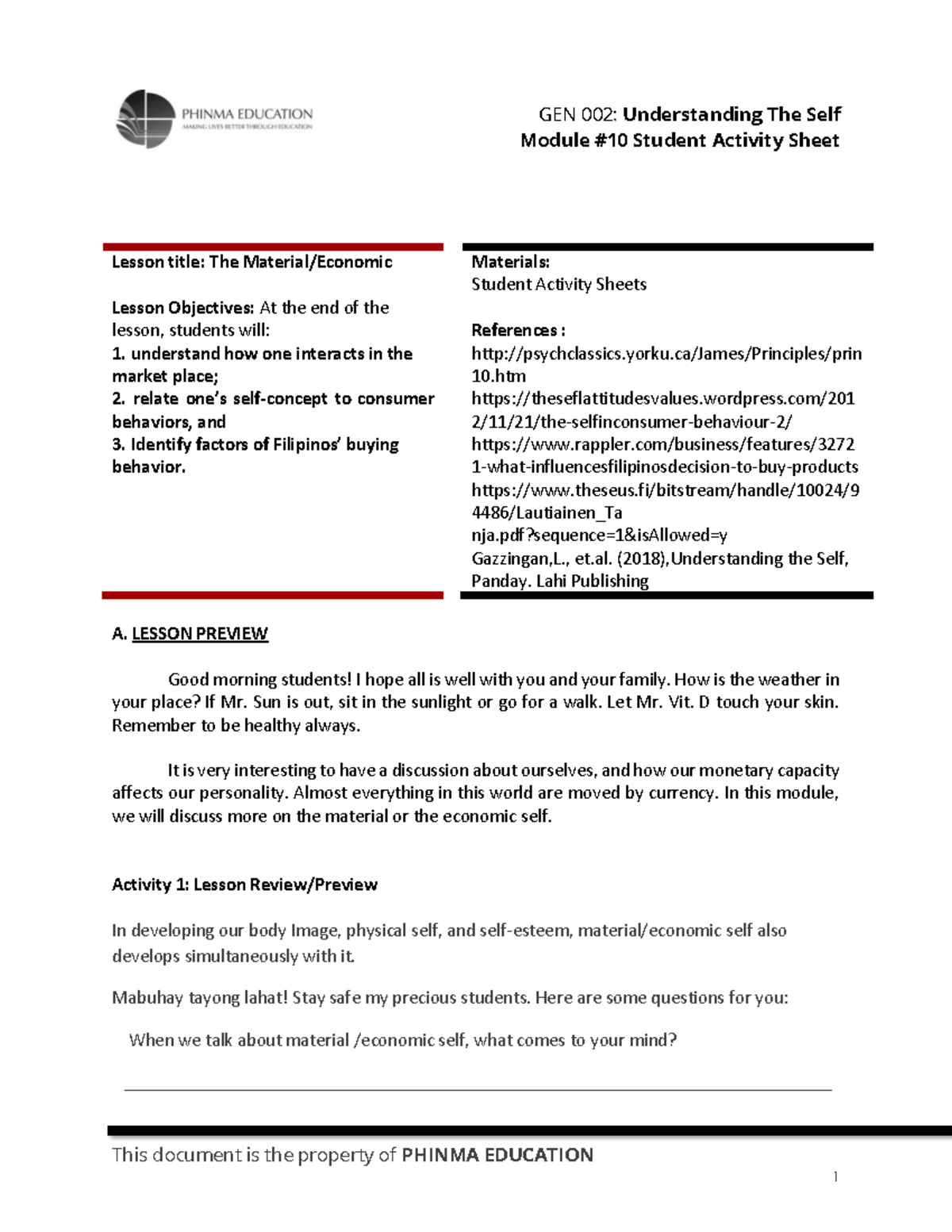 SAS#10-GEN 002 - Understanding Self - Module #1 0 Student Activity ...
