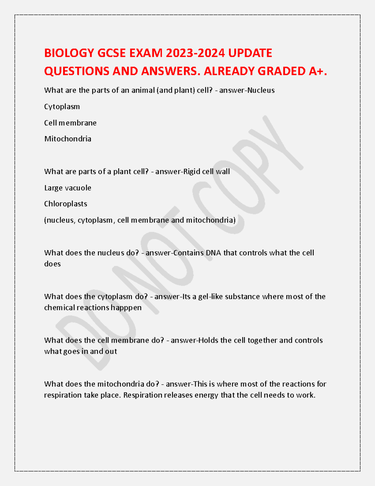 Biology GCSE EXAM 2023 - BIOLOGY GCSE EXAM 2023-2024 UPDATE QUESTIONS AND ANSWERS. ALREADY ...