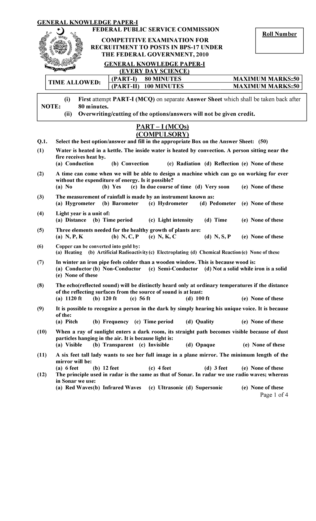 Exam 2010 - FEDERAL PUBLIC SERVICE COMMISSION COMPETITIVE EXAMINATION ...