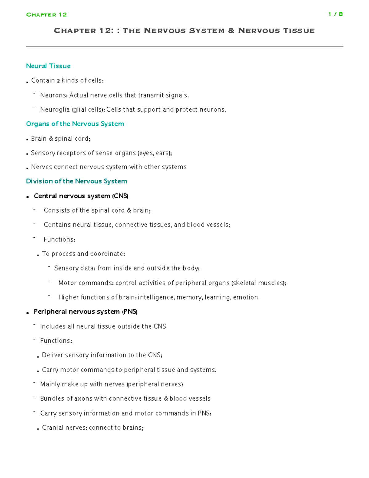 Chapter 12 Nercous System & Tissue - Chapter 12: : The Nervous System ...