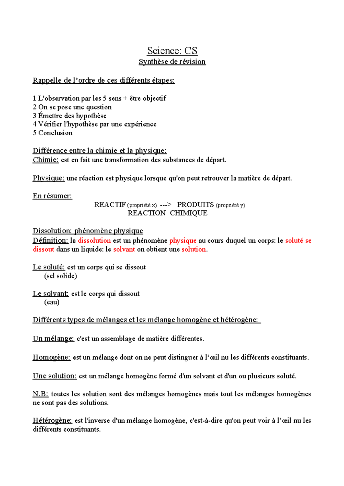 Science synthese cs - synthèse pour une évaluation - Science: CS Synthèse de révision Rappelle ...