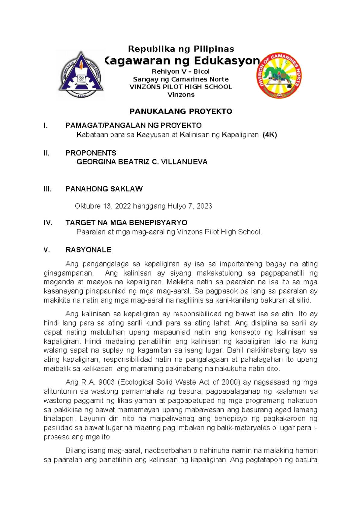 Proposal (4K) - Republika ng Pilipinas Kagawaran ng Edukasyon Rehiyon V ...