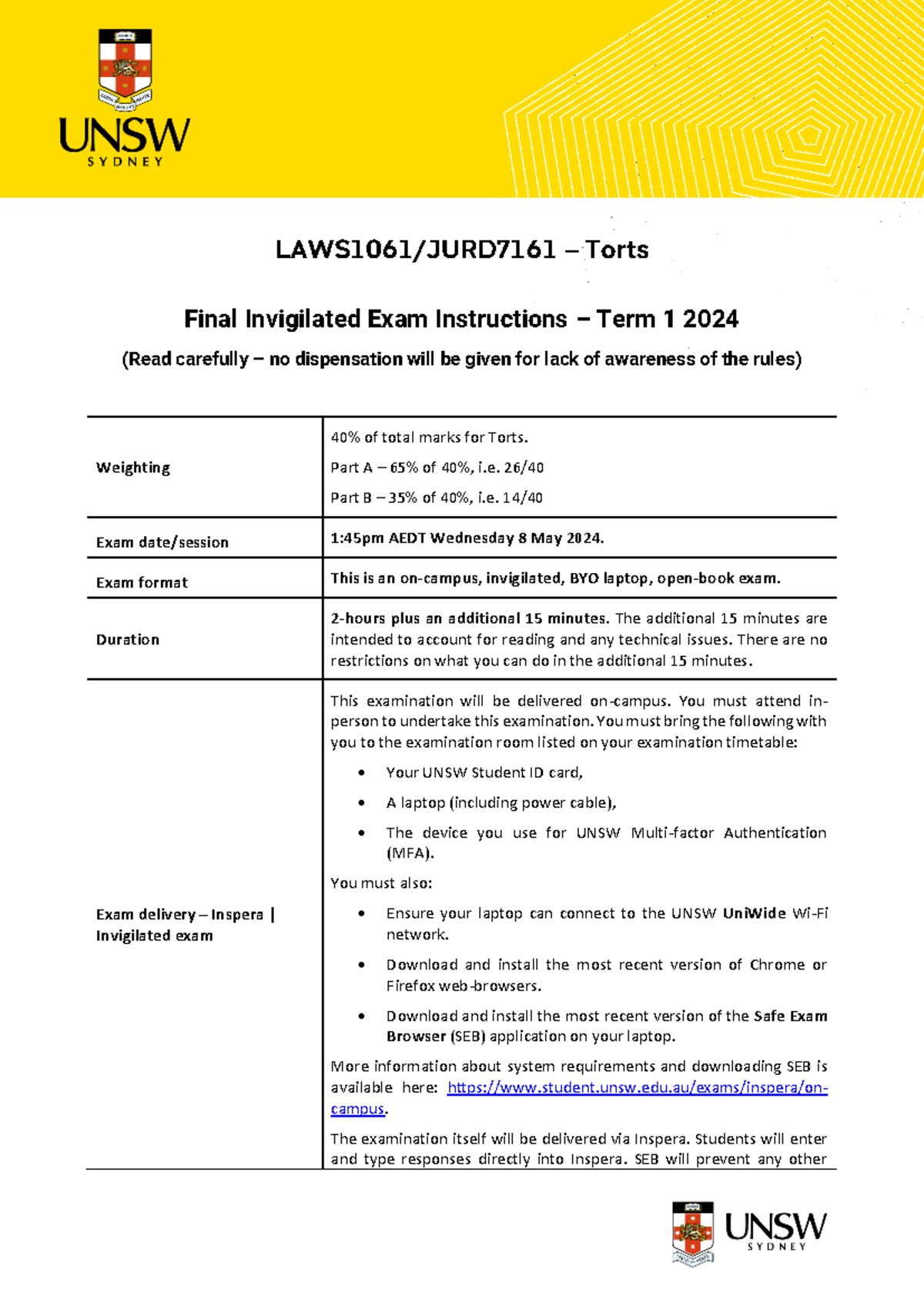 2024 T1 Final-Exam-Instructions- Torts - Final Invigilated Exam ...
