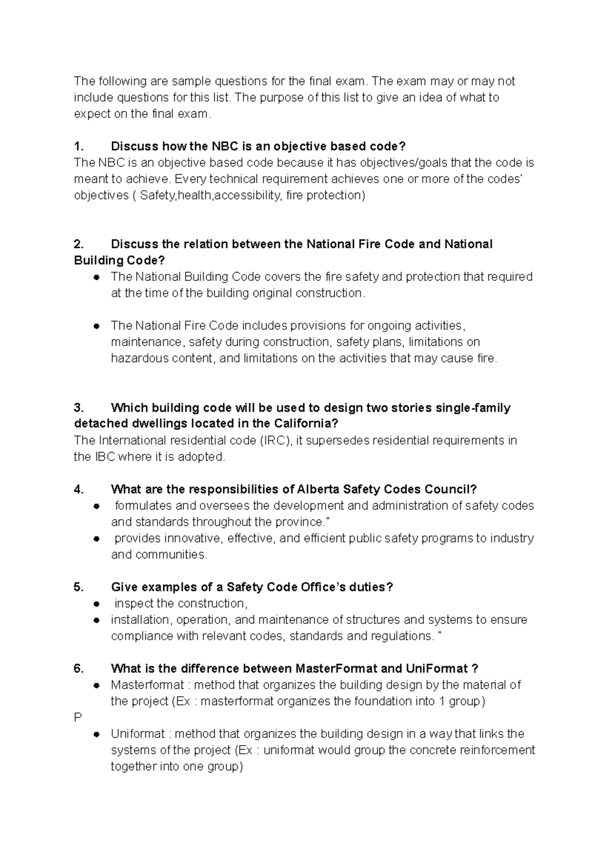 Building code review - The following are sample questions for the final ...