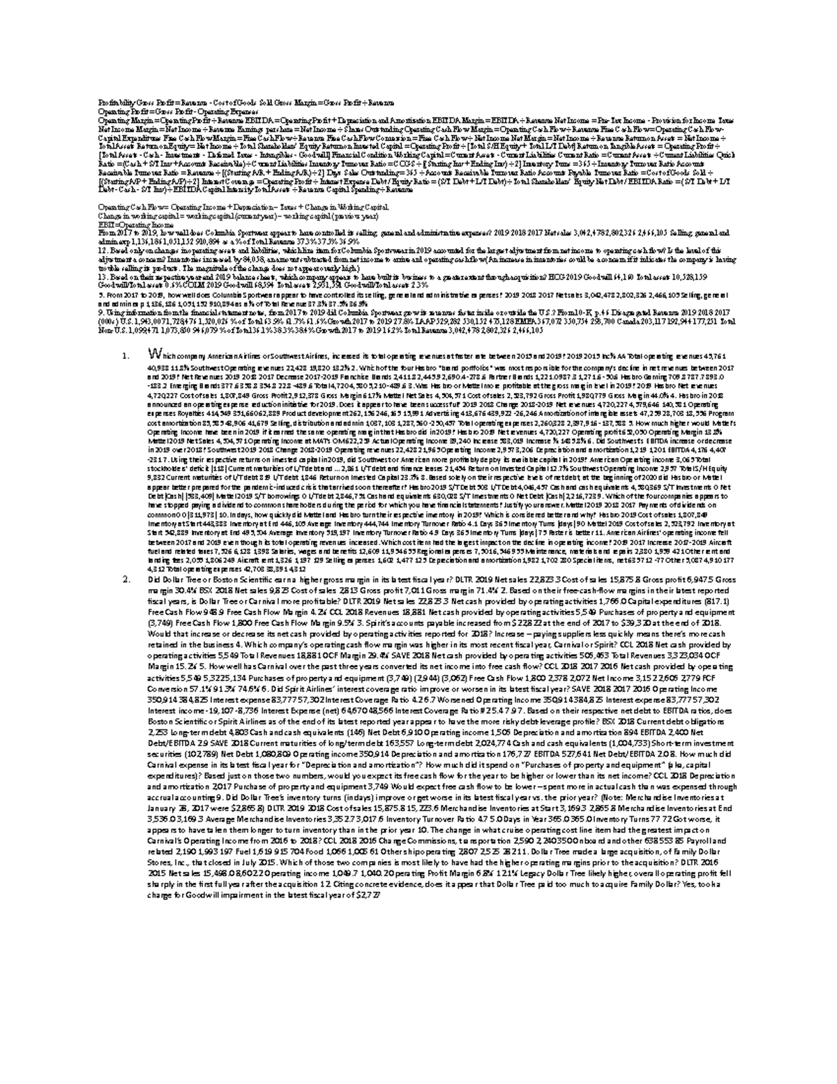 FI417EXAM2 Cheatsheet - Profitability Gross Profit = Revenue - Cost of ...