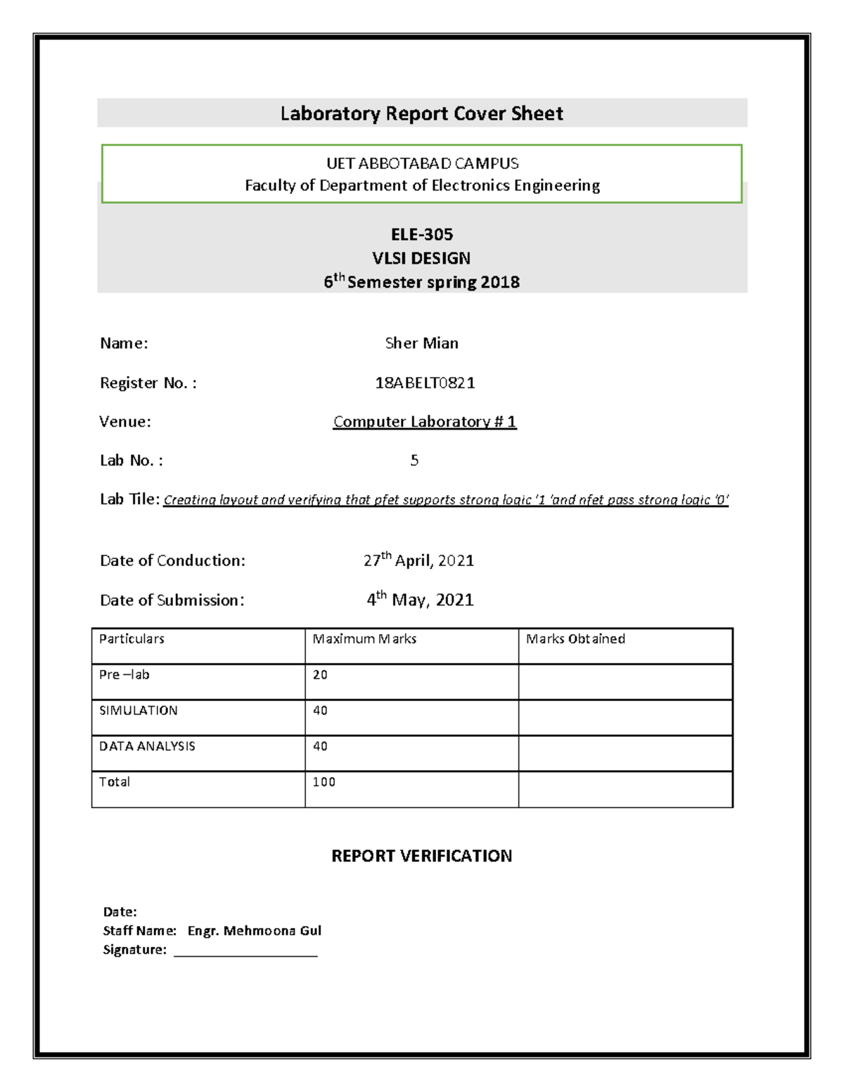 Lab # 5 Report - I shall upload this file - Laboratory Report Cover ...