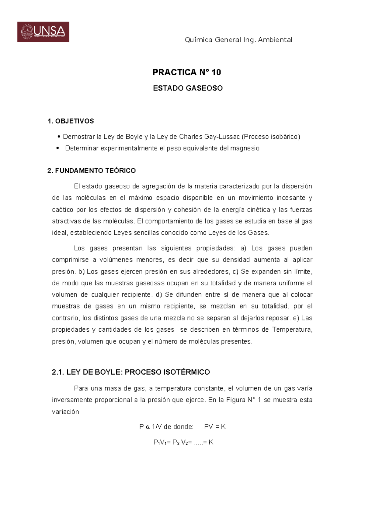 GUIA DE Practica N° 10 Gases - PRACTICA N° 10 ESTADO GASEOSO 1. OBJETIVOS Demostrar la Ley de ...