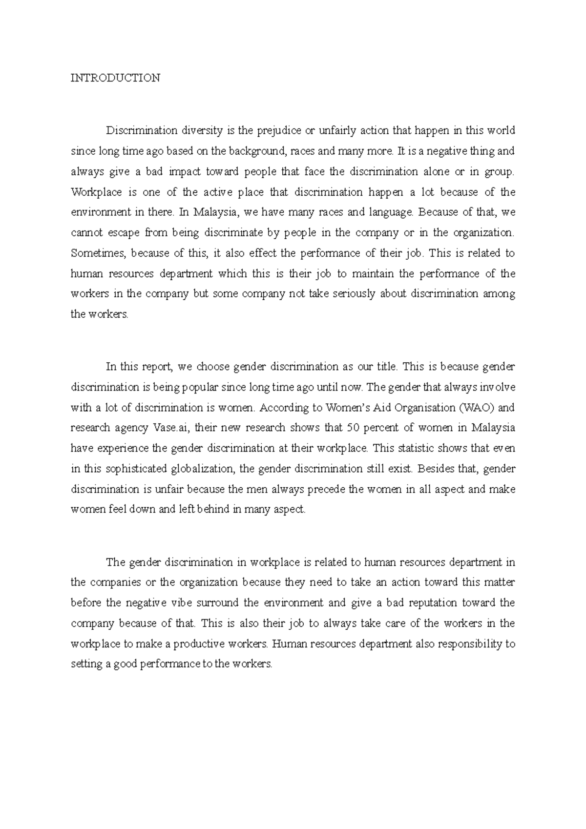 Introduction HRM Assignment - INTRODUCTION Discrimination diversity is ...