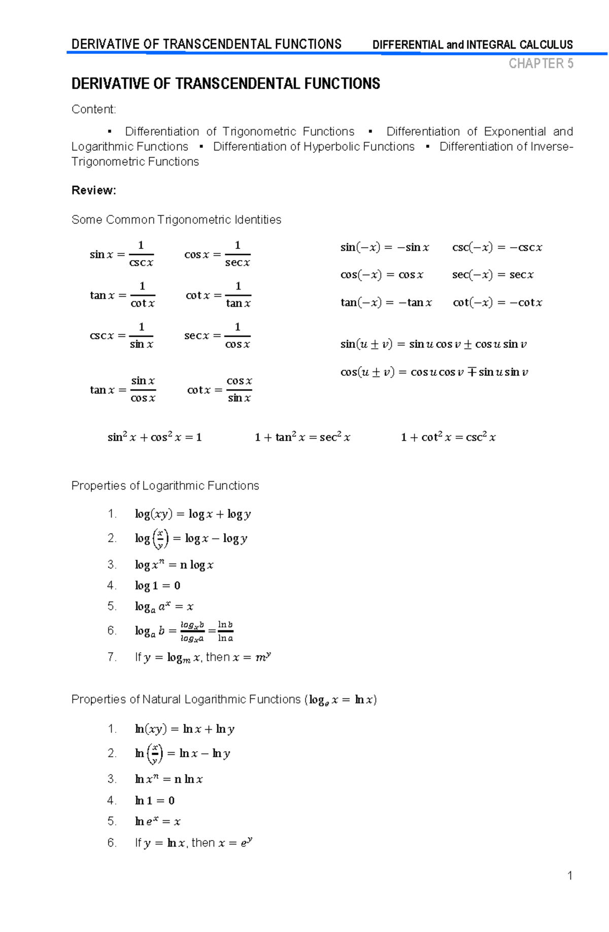 5 Derivative of Transcendental Functions - CHAPTER 5 DERIVATIVE OF ...