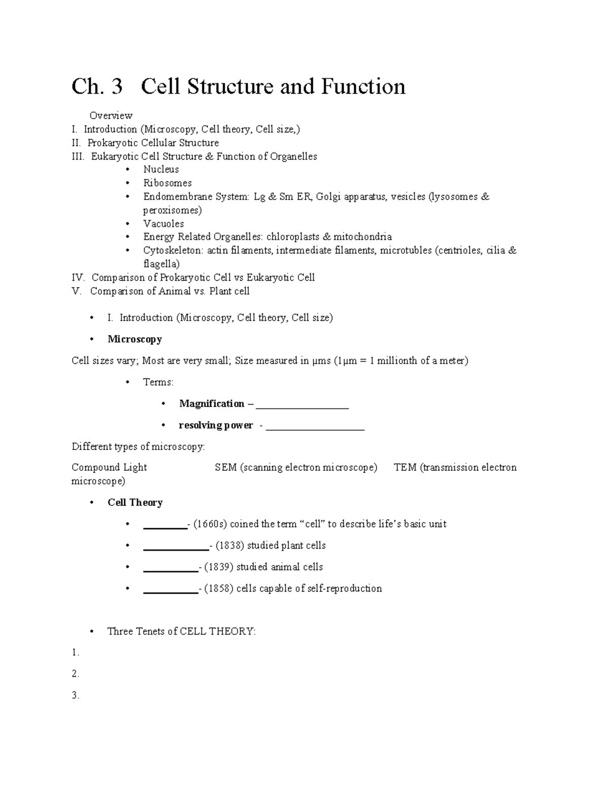 Natalia Munoz - Chapter 3 Part 1 Cell Structure and Function Outline - Ch. 3 Cell Structure and ...