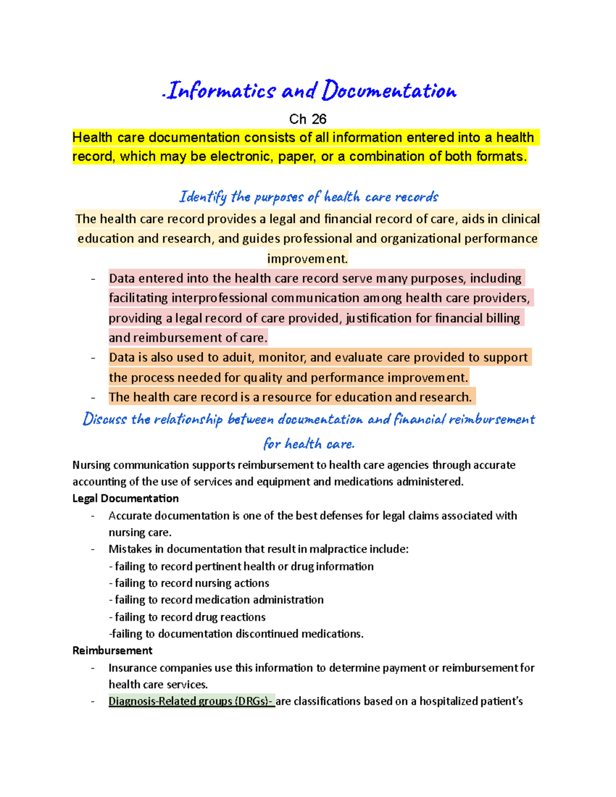 Ch 26 - informatics and documentation - .Informatics and Documentation Ch 26 Health care - Studocu