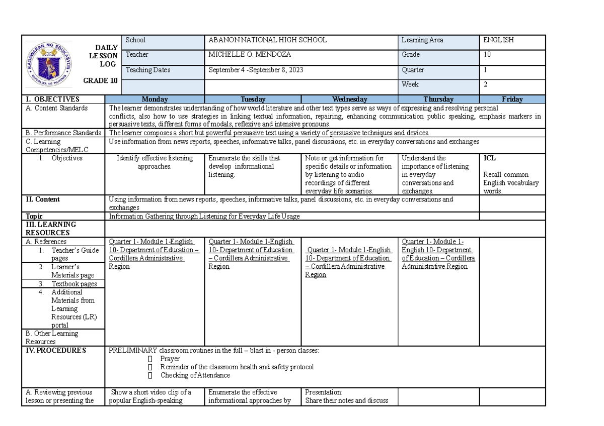 Info Gathering- MELC 1 - Lesson Plan - DAILY LESSON LOG GRADE 10 School ...