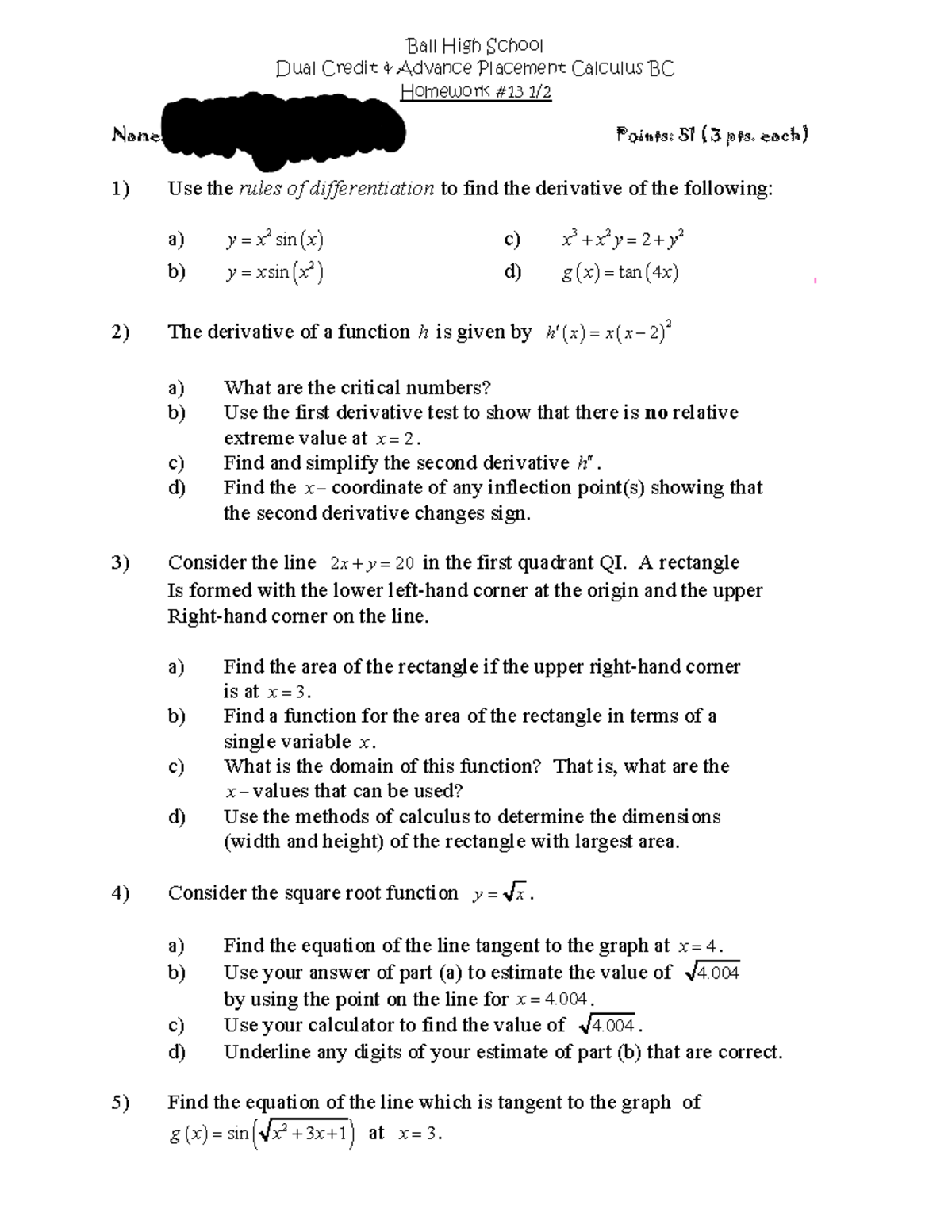 Hw13 - Homework 13 - Ball High School Dual Credit & Advance Placement ...