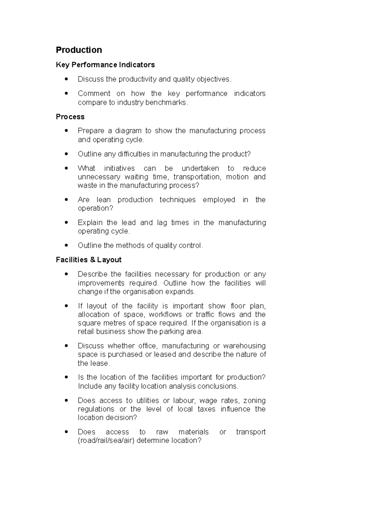 Business Plan Template - Production - Production Key Performance ...