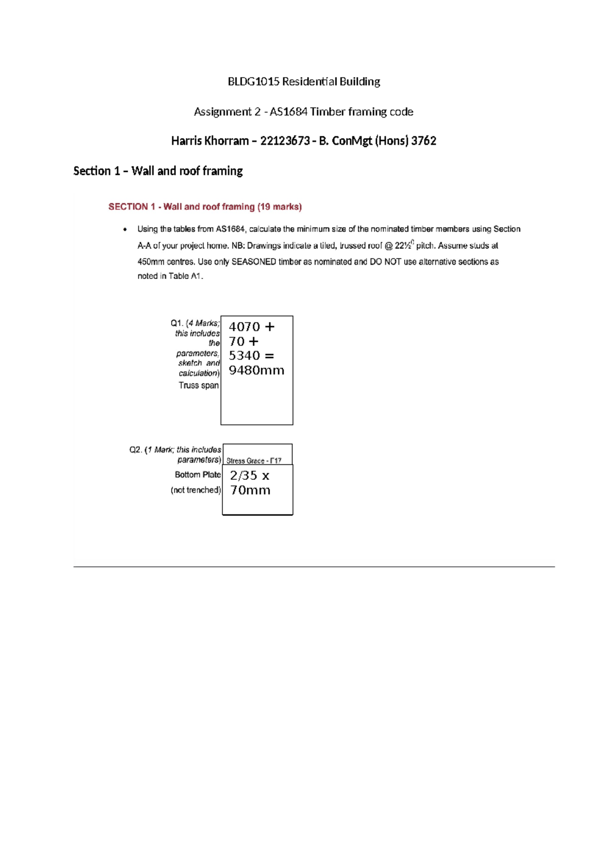 Assignment 2 AS1684 Timber framing code - 301266 - BLDG1015 Residential ...