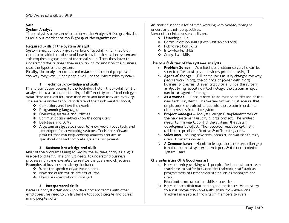SAD Lecture 4 - SAD Course notes @Fred 2019 SAD System Analyst The ...