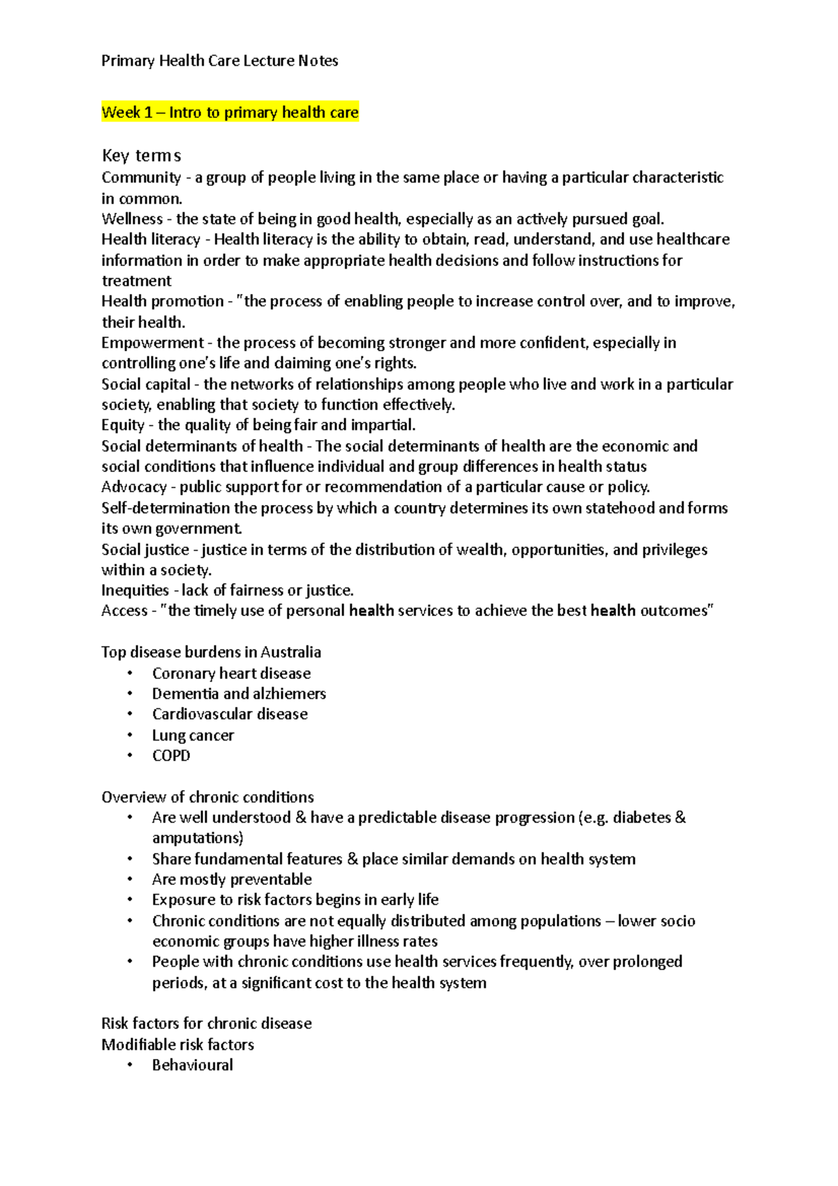 Primary health care lecture notes - Week 1 – Intro to primary health ...