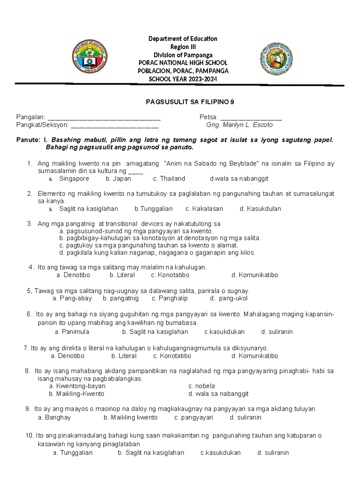 QUIZ 1 - PAGSUSULIT SA FILIPINO 9 Pangalan ...