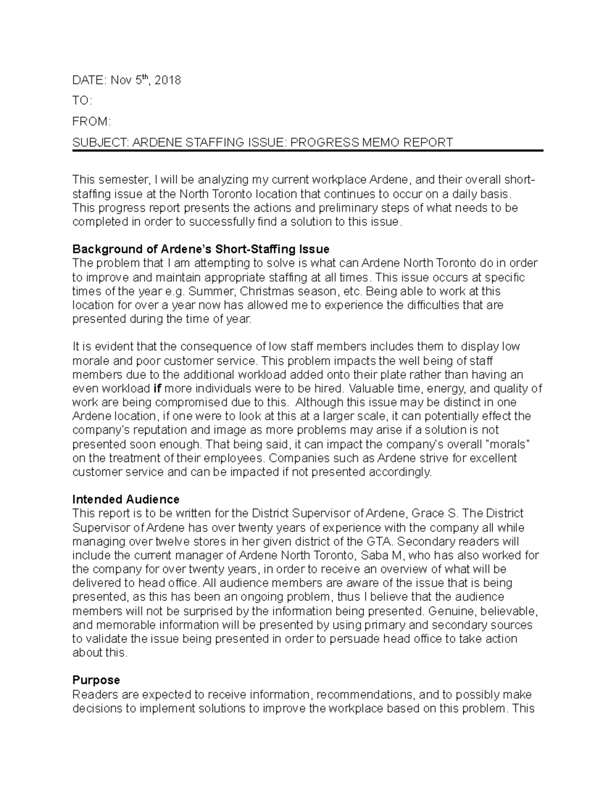 WRIT 200 Assignment 4- Progress Report with Work Plan - DATE: Nov 5th ...