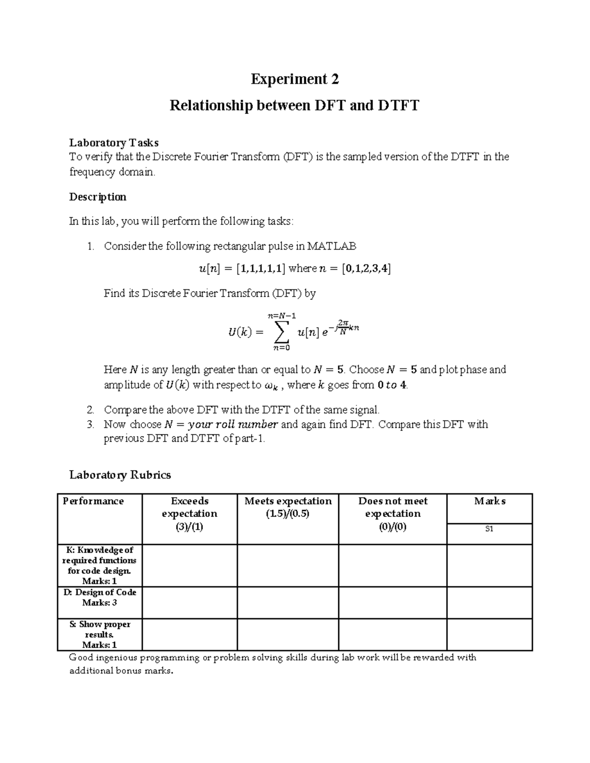 Experiment#02 - Lab solutions - Experiment 2 Relationship between DFT and DTFT Laboratory Tasks ...