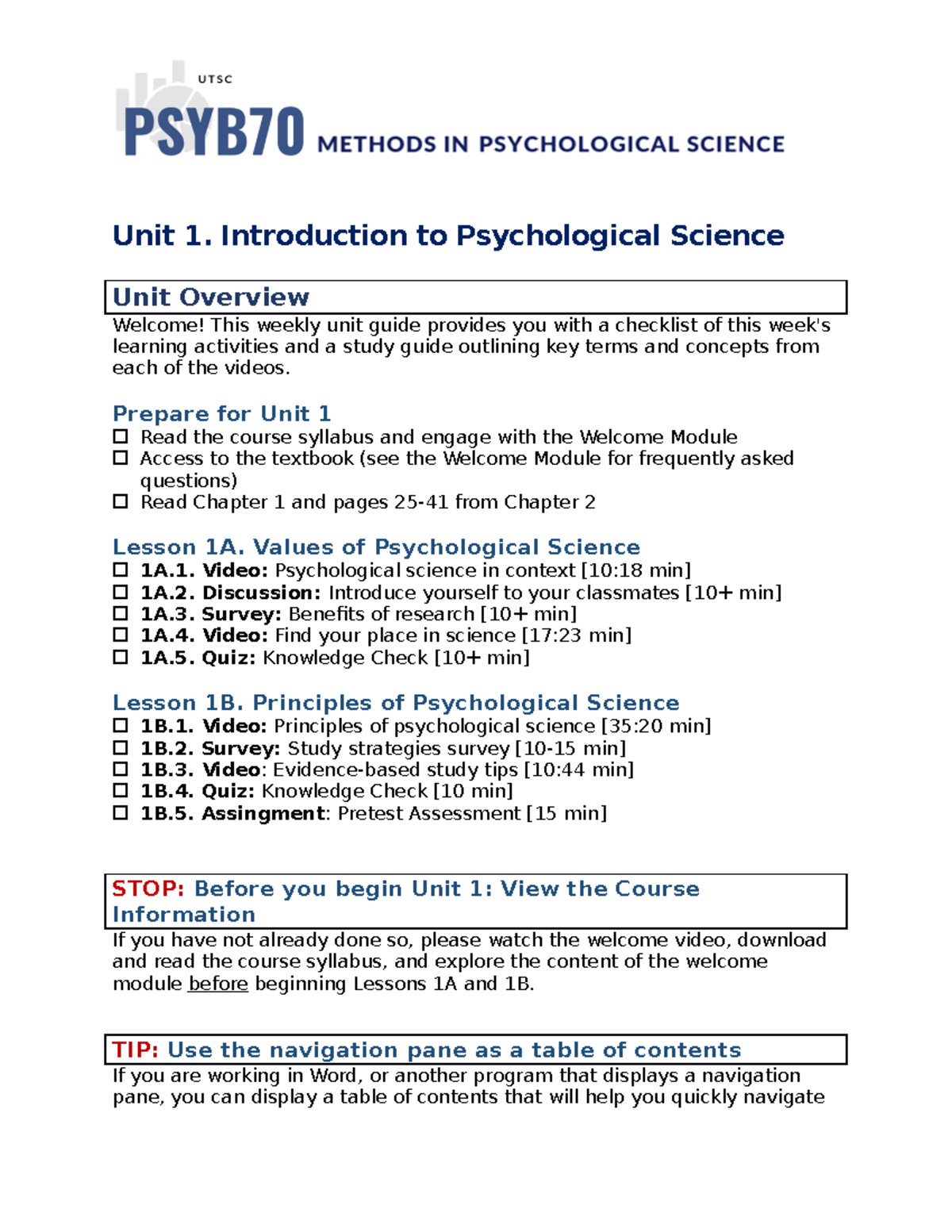 01. Unit 1 Study guide - notes - Unit 1. Introduction to Psychological ...