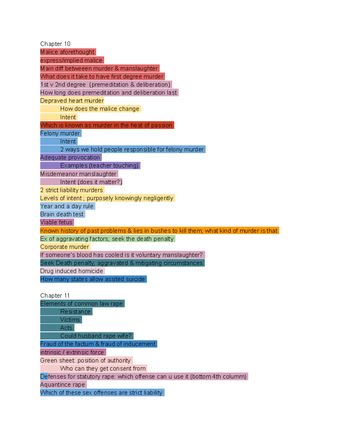 Final exam review - Chapter 10 Malice aforethought express/implied ...