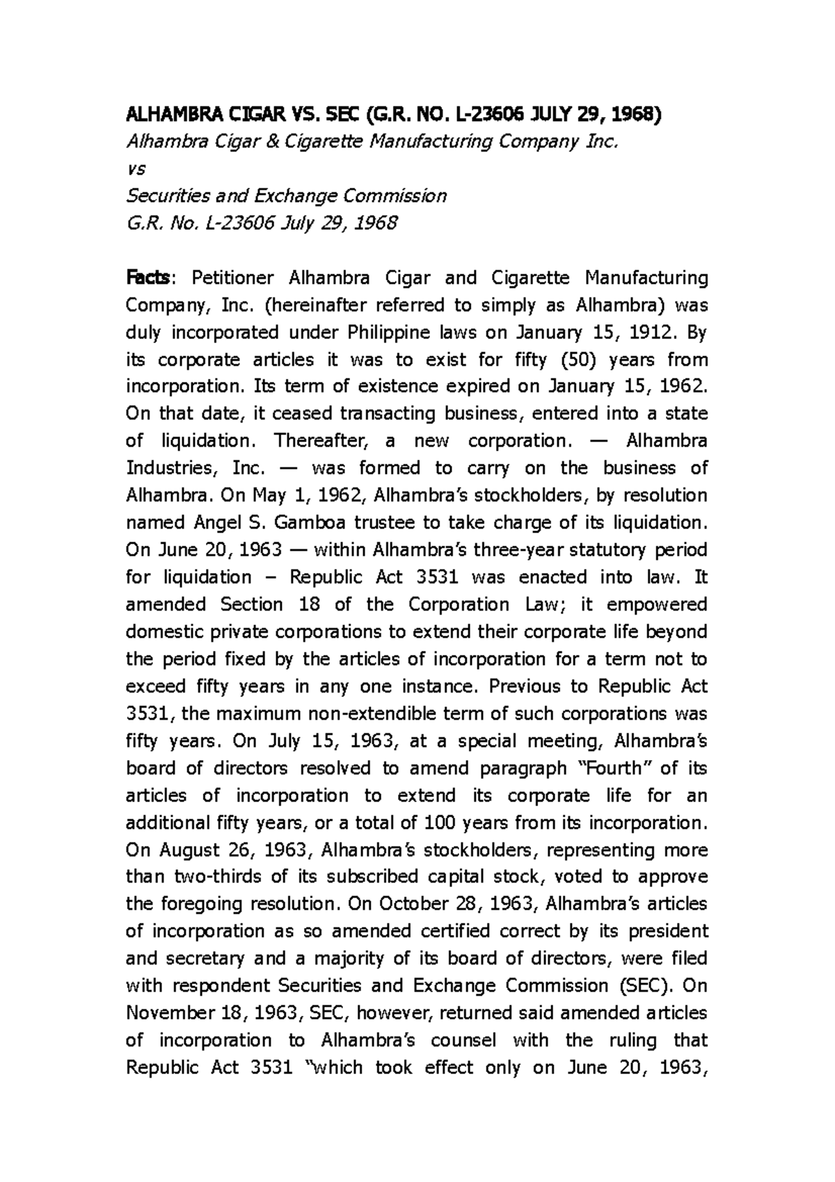 Alhambra Cigar VS SEC case digest - ALHAMBRA CIGAR VS. SEC (G. NO. L ...