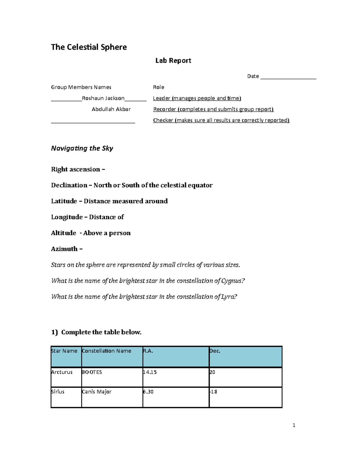 Celestial sphere write-up - The Celestial Sphere Lab Report Date ...