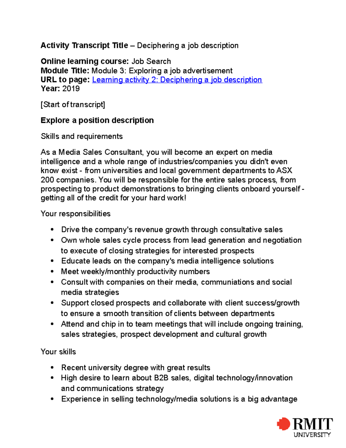 Deciphering a job description transcript (.docx, 41KB) - Activity ...