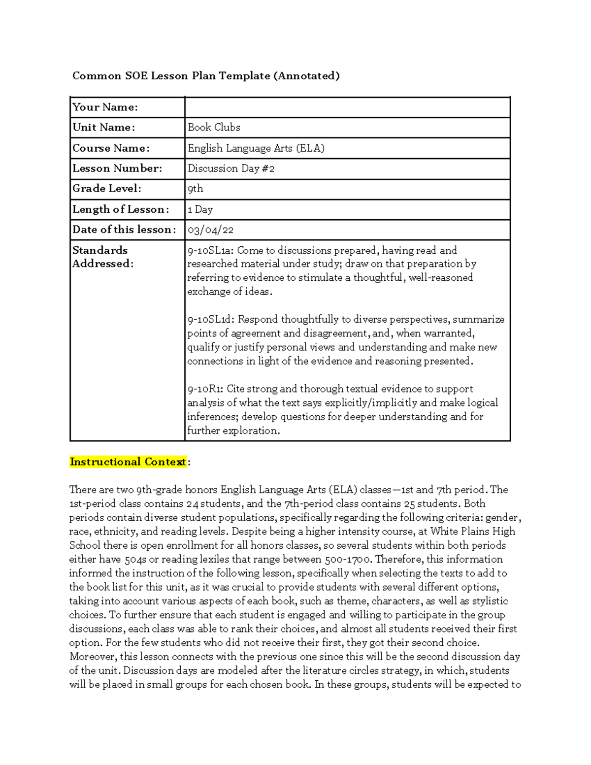 Book Club Lesson Plan - Common SOE Lesson Plan Template (Annotated ...