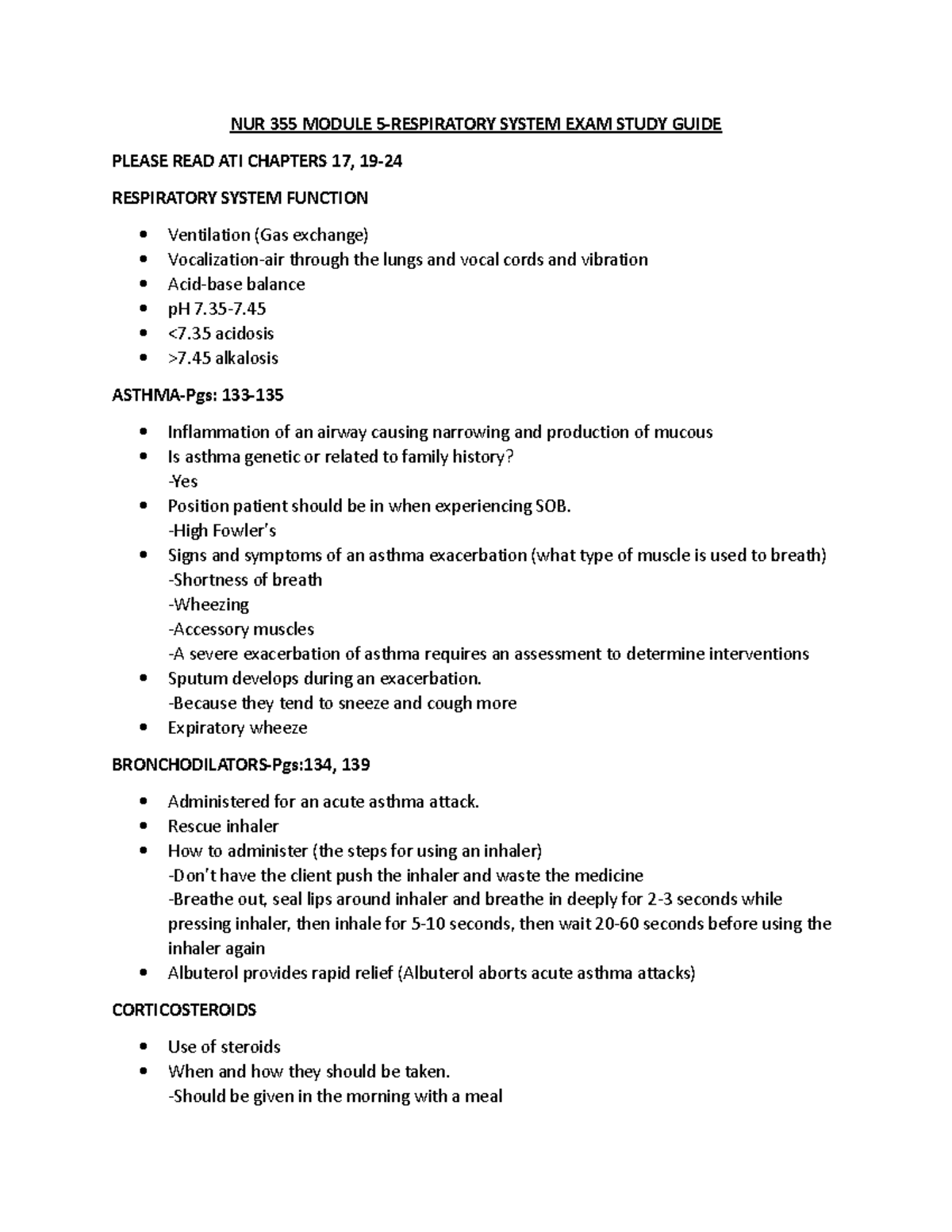 NUR 355 EXAM 3 Spring 2023 Study Guide - NUR 355 MODULE 5-RESPIRATORY ...