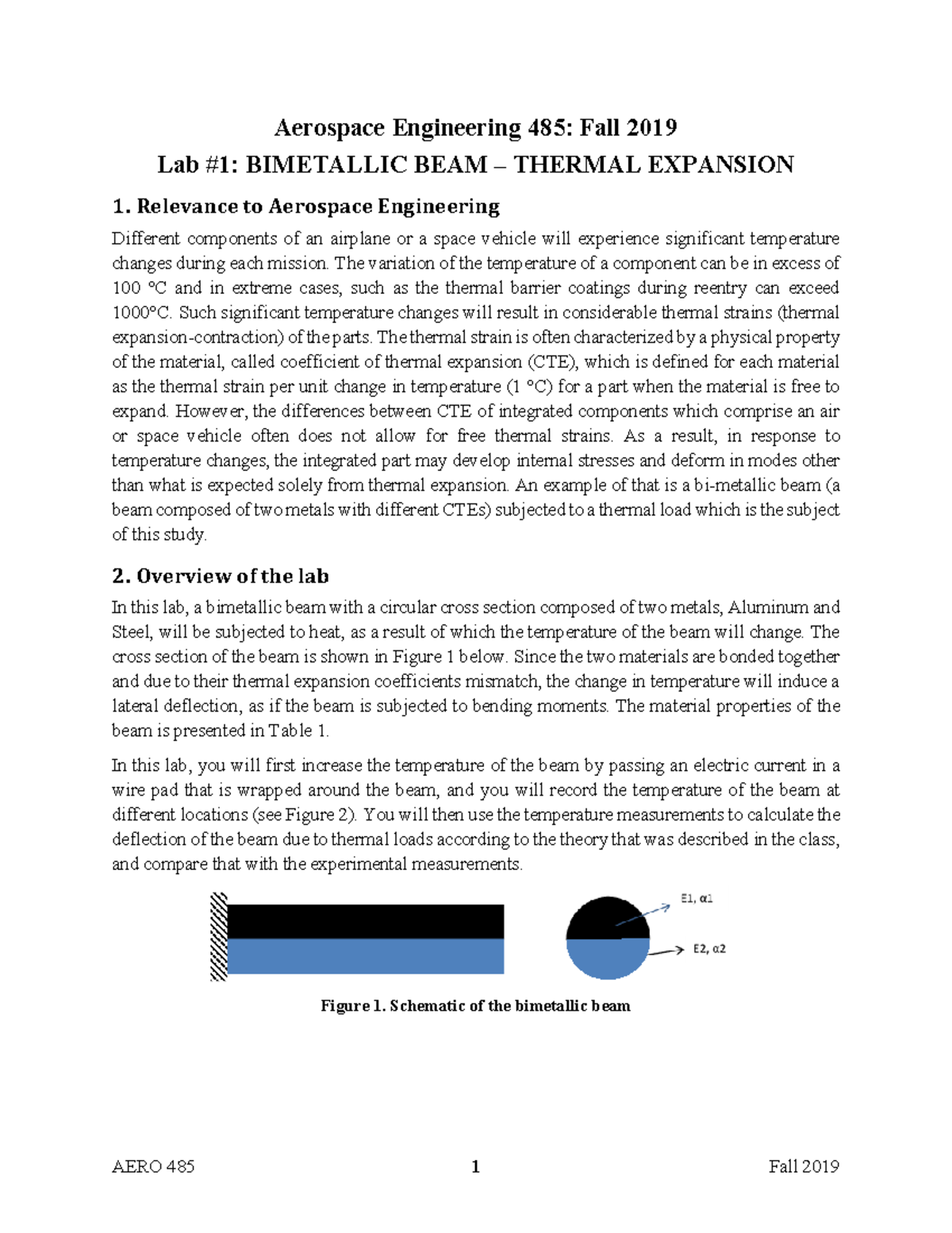 Lab1 Bimetallic Beam Handout-Fall2019 - Aerospace Engineering 485 : Fall 2019 Lab #1: BIMETALLIC ...