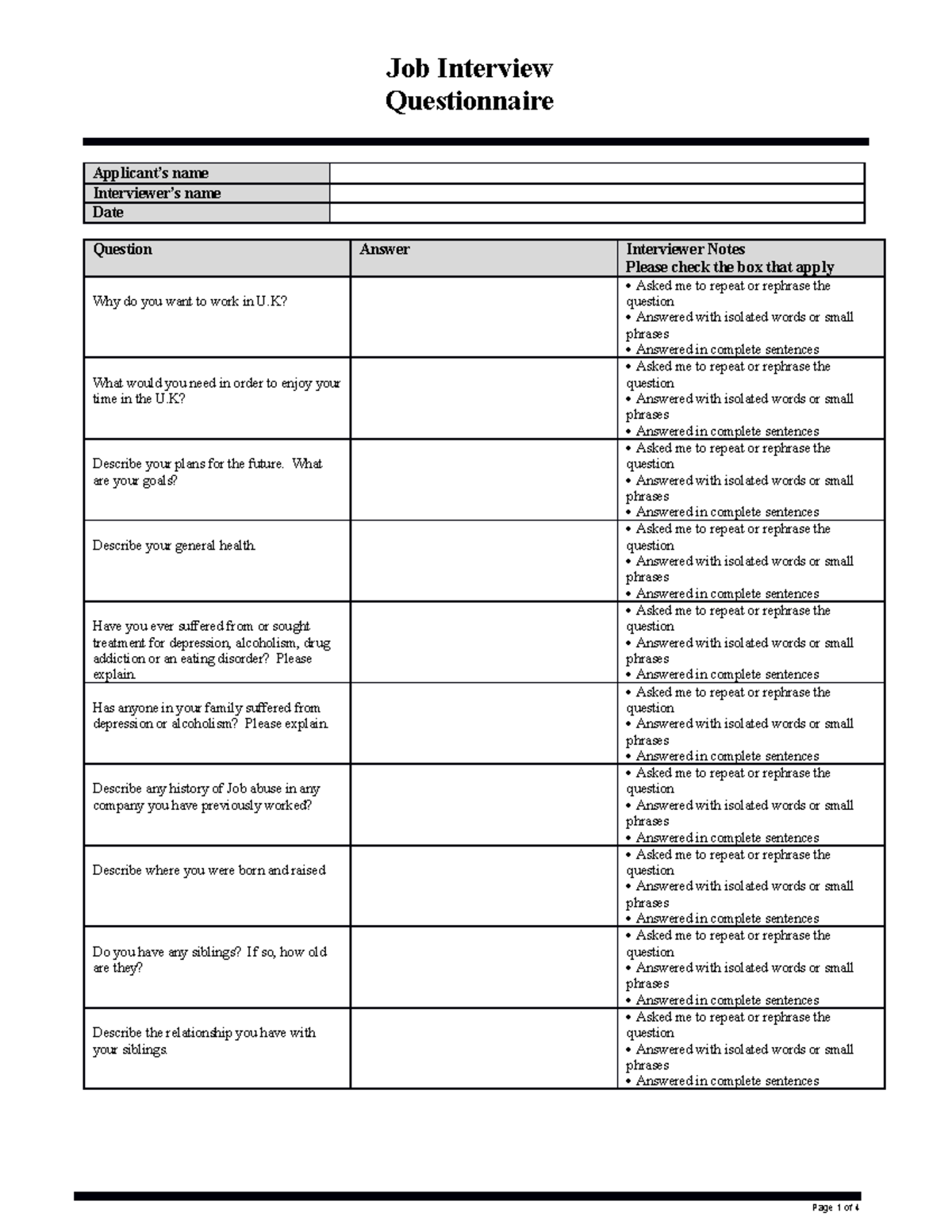 Interviewer Questionnaire Applicants Name Interviewers Name Date Question Answer Interviewer