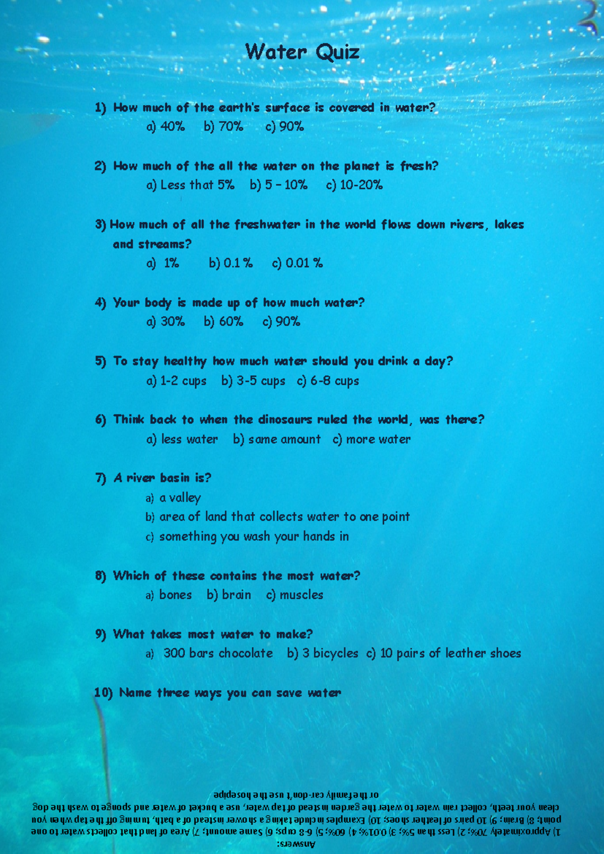 Water Quiz - ethical wstetr - Water Quiz 1) How much of the earth’s ...