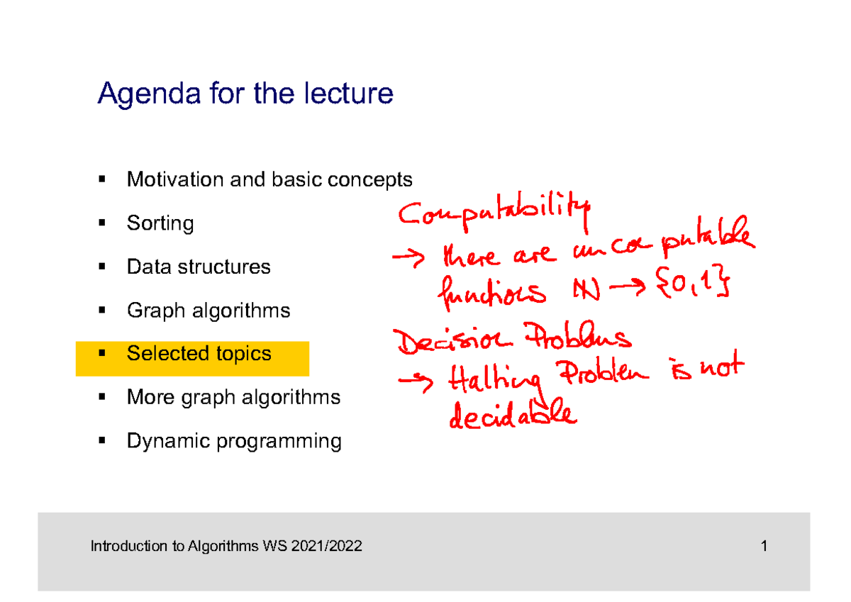 Algorithms 21 Computability Np Lecture Agenda For The Lecture § Motivation And Basic Concepts