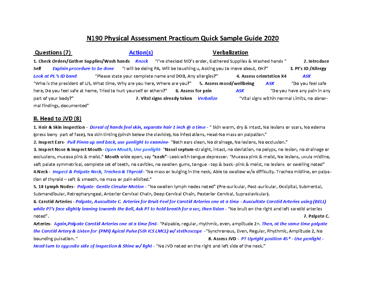PA Original Sample Guide #1 Updated 2020 - N190 Physical Assessment ...