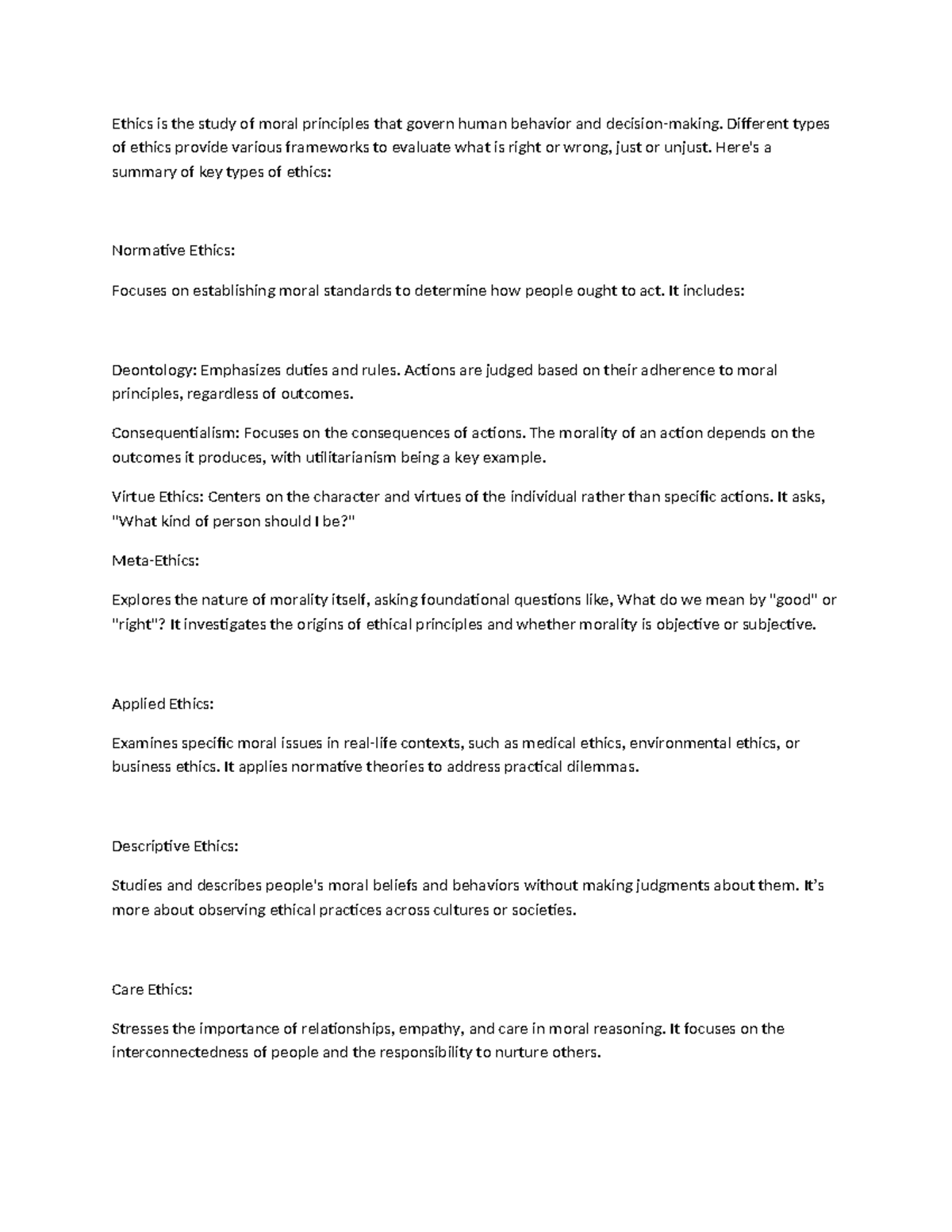 Reflection on Different Types of Ethics - Ethics is the study of moral ...