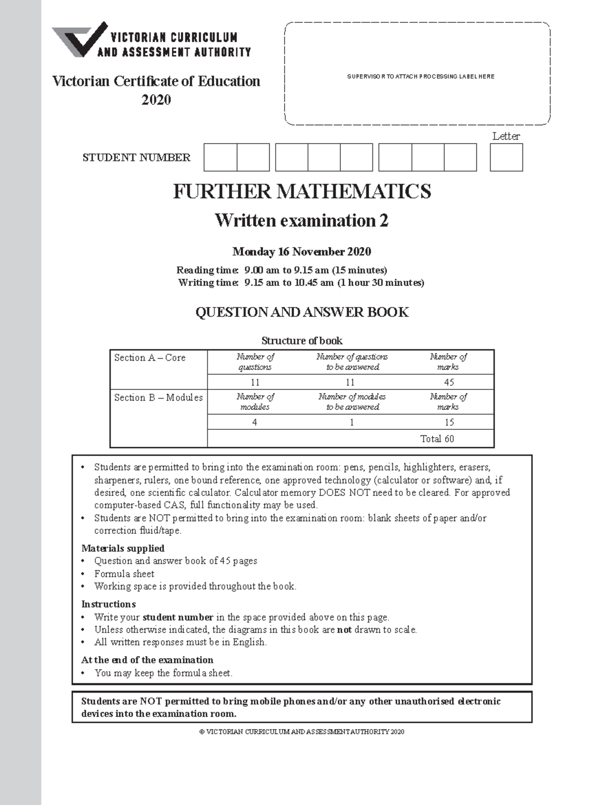 2020furmath 2-w - VCAA Further exam 2 - FURTHER MATHEMATICS Written ...
