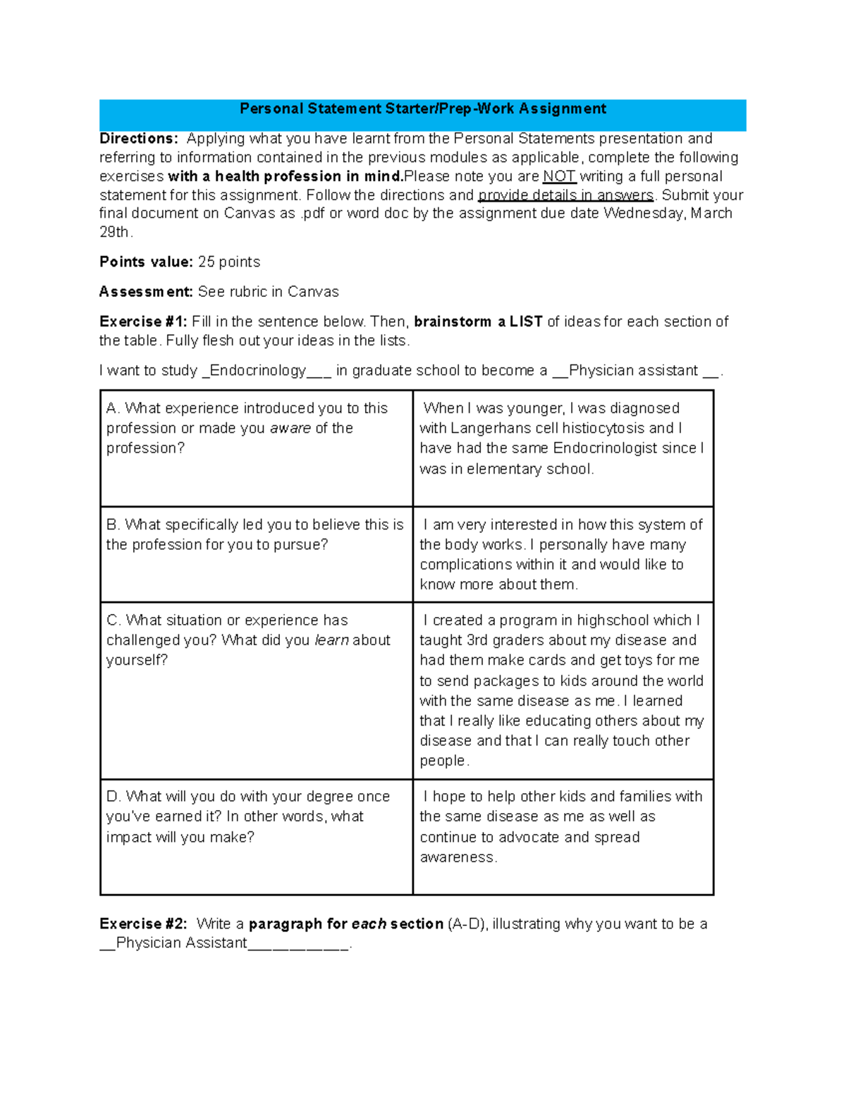 Personal statement assignment and rubric - Personal Statement Starter ...