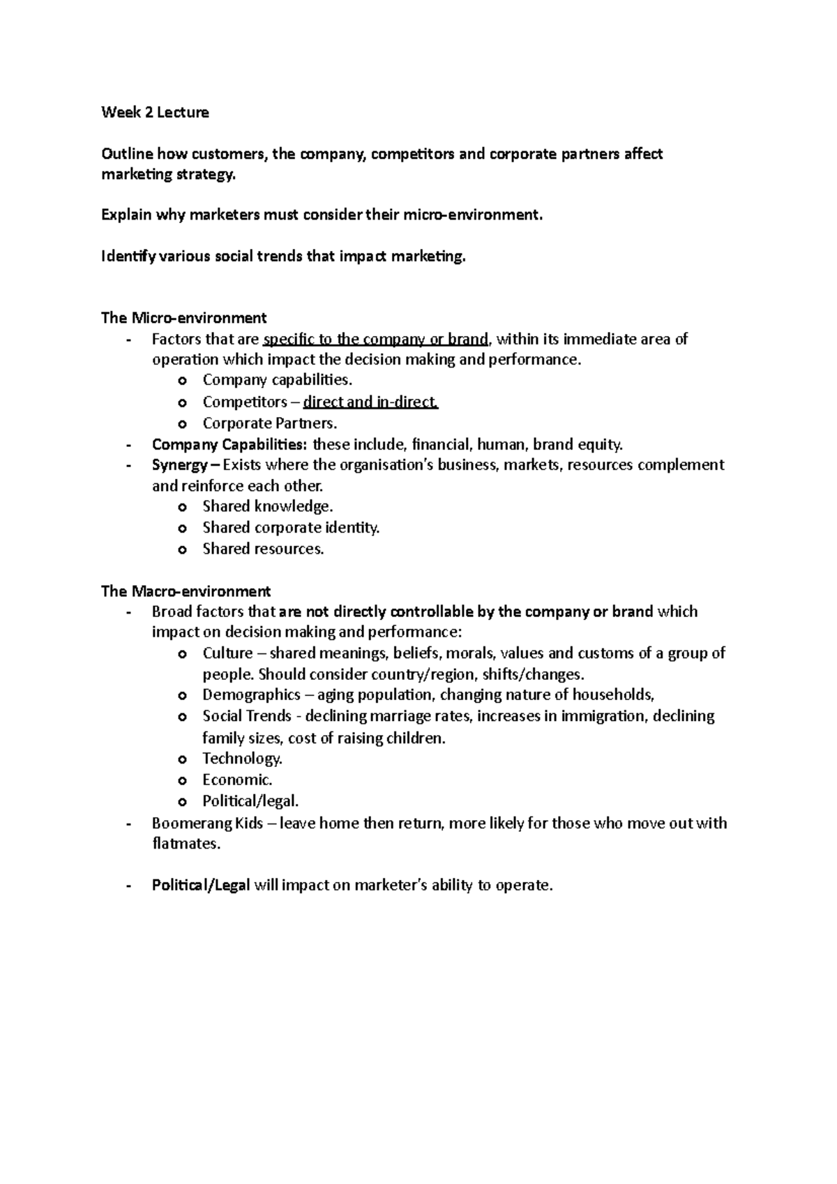 Week 2 Lecture BSB 126 - Week 2 Lecture Outline how customers, the company, competitors and ...