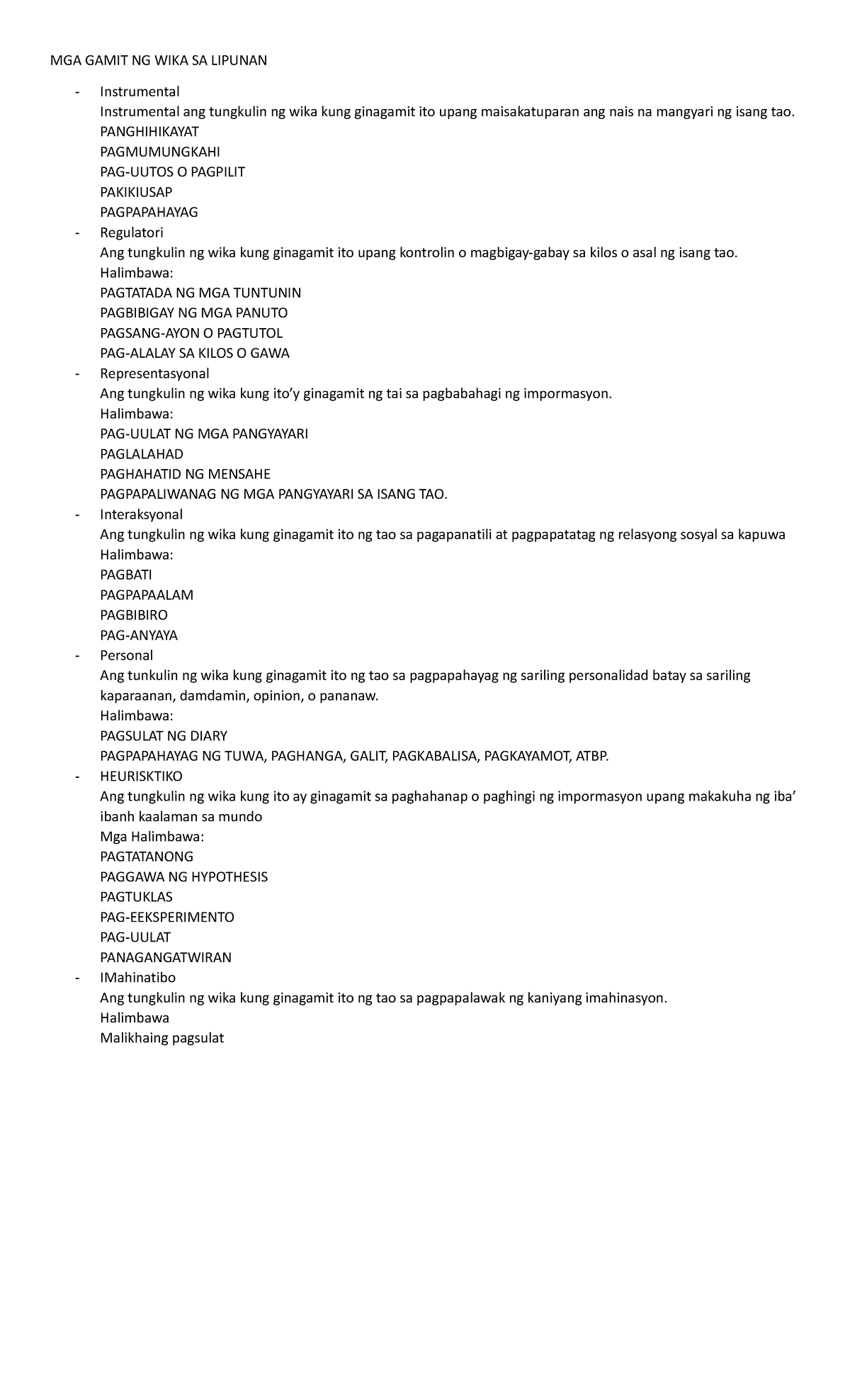 Komsik Notes - MGA GAMIT NG WIKA SA LIPUNAN Instrumental Instrumental ...