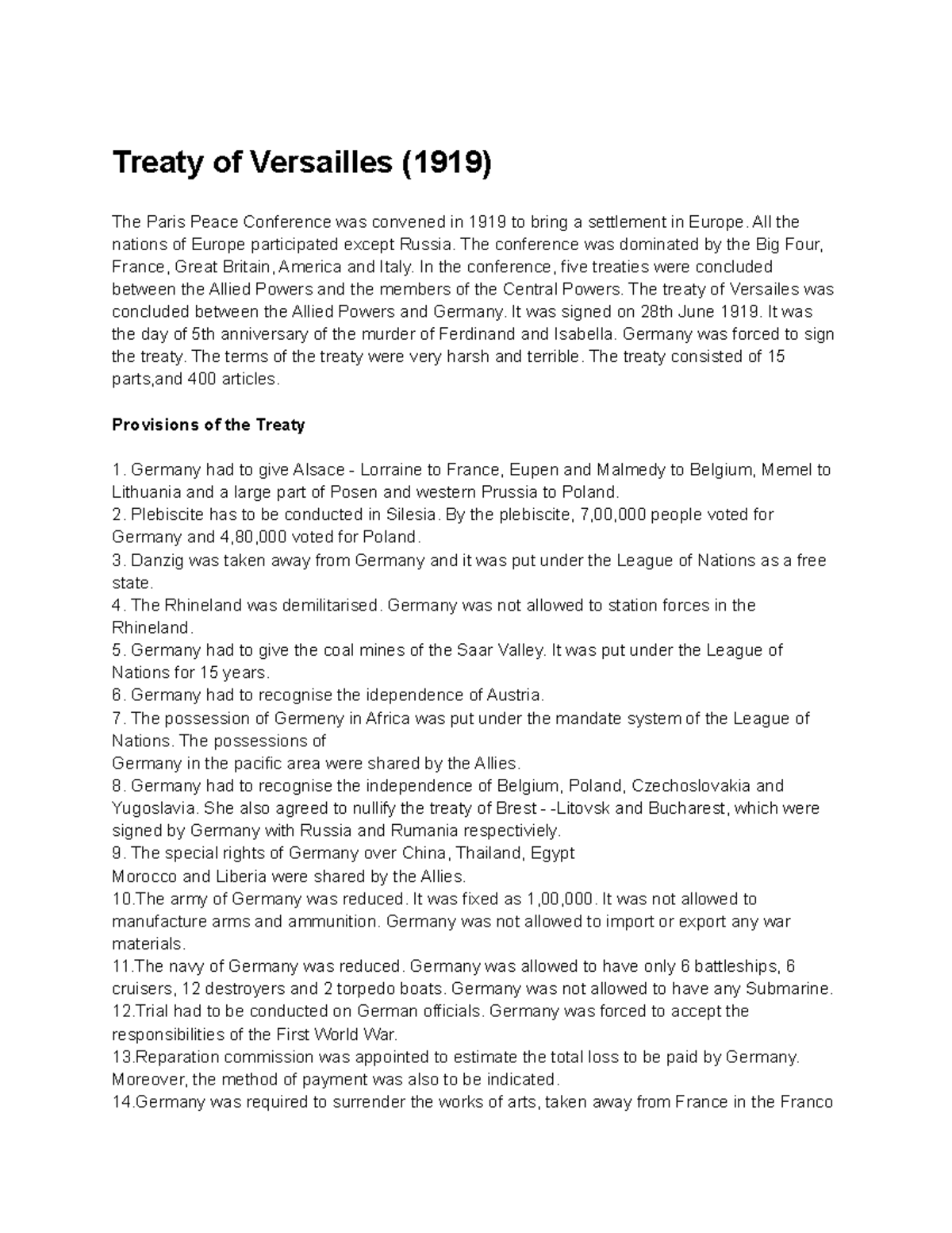 Treaty of Versailles (1919) - Treaty of Versailles (1919) The Paris ...
