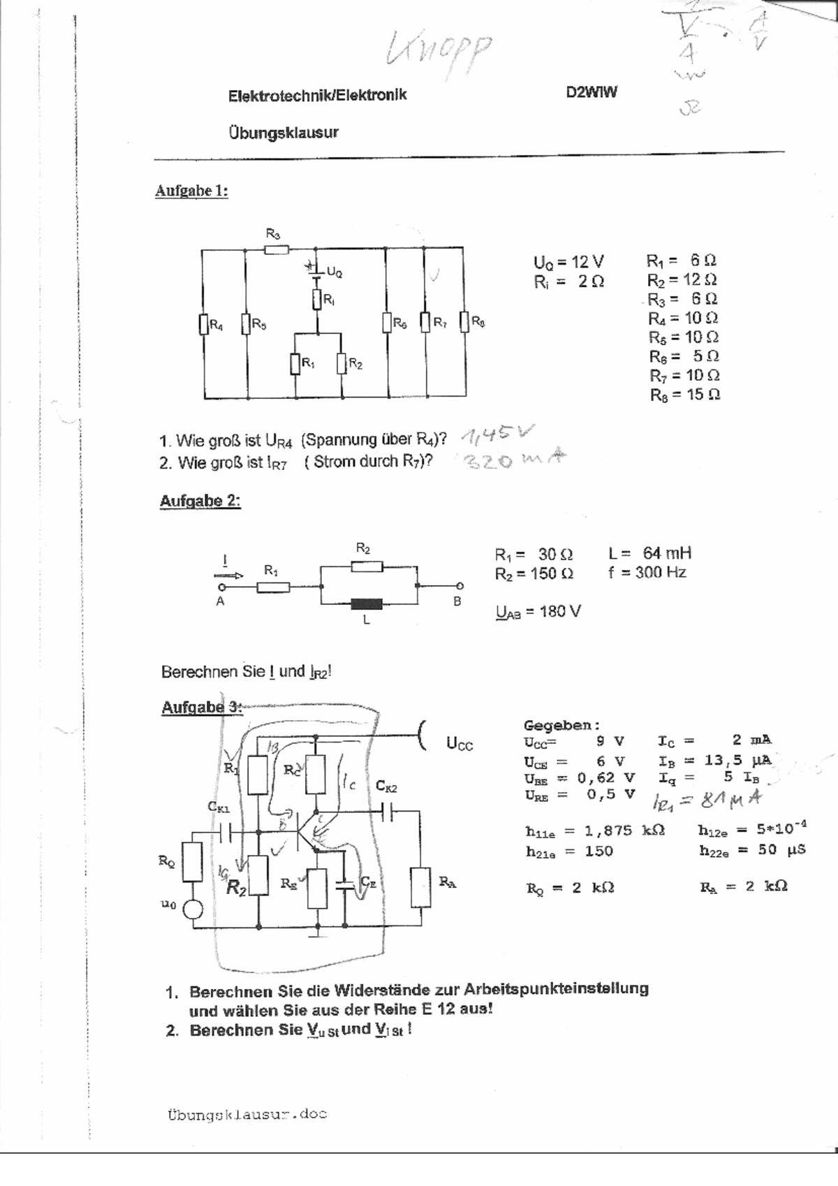 Elektrotechnik -Knopp -Übungsklausur - E ElektrotechnikIElektronik DZWIW E Ubungsklausur E E E ...