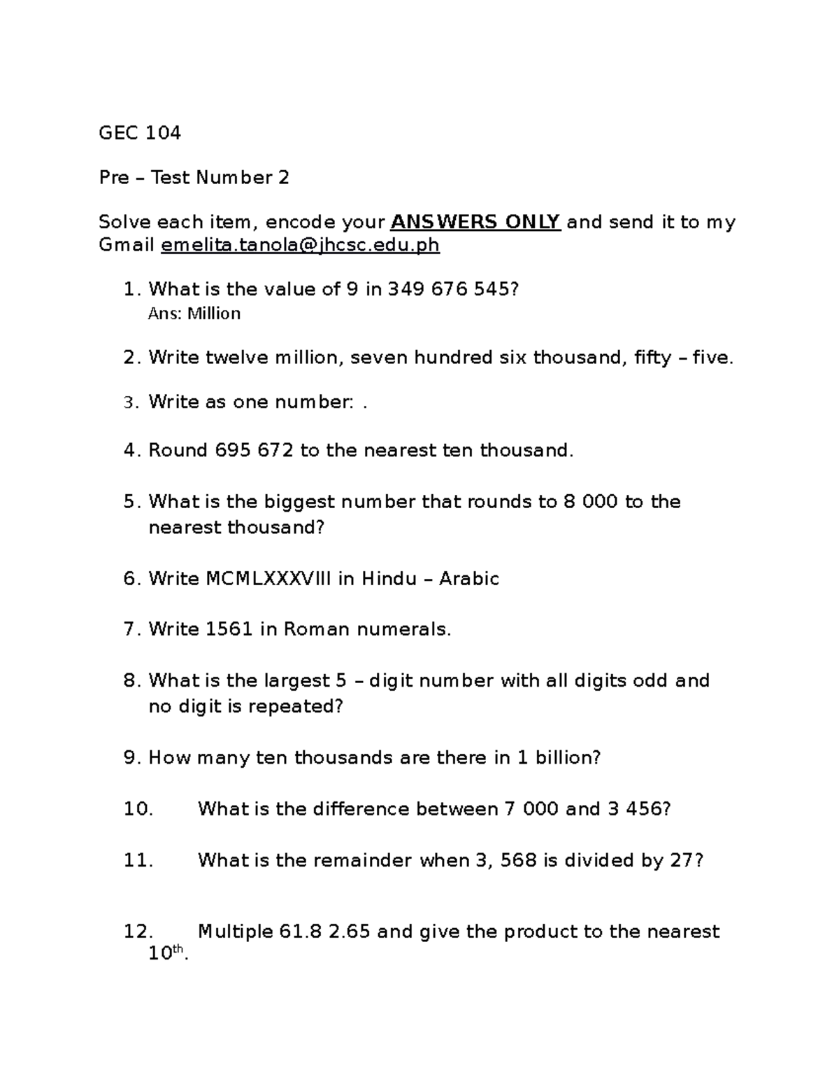 GEC 104 Pre - Test 2 - PRE TEST QUESTION AND ANSWER - GEC 104 Pre ...