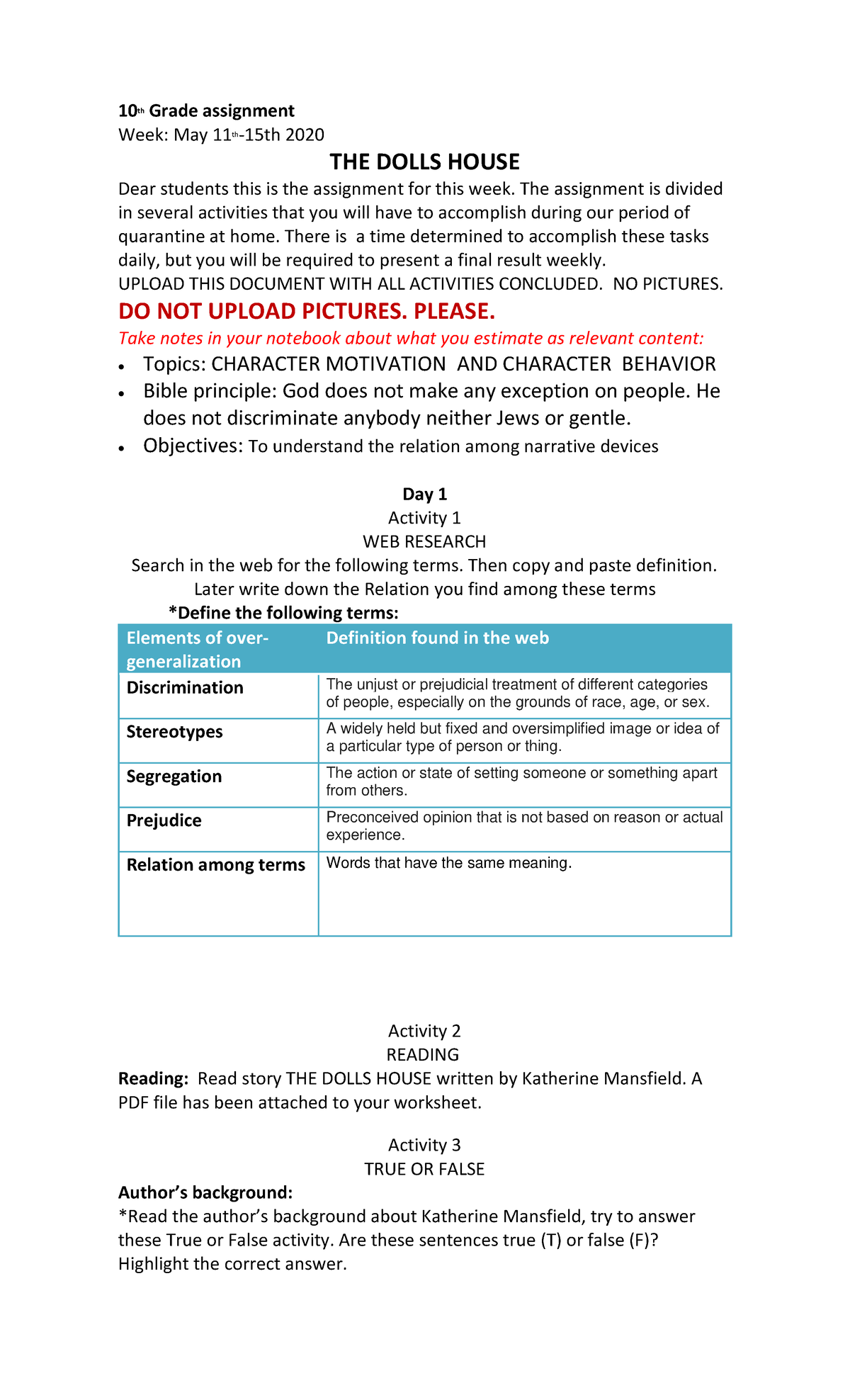 10th Grade assignment literature - 10 th Grade assignment Week: May ...