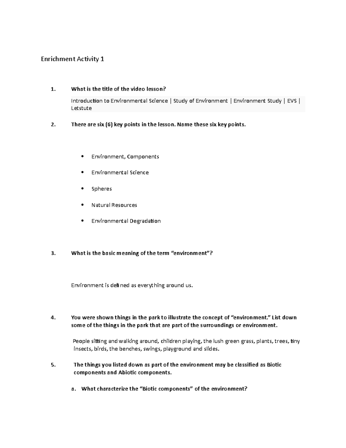 Enrichment- Activity-1 - Name these six key points. Environment ...