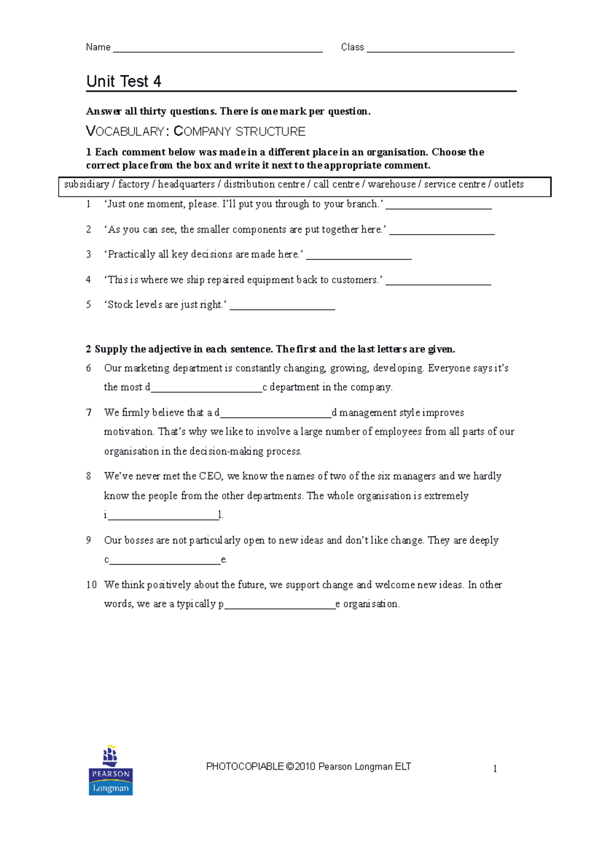 Unit Test 4 - angielski B1+ - Name ...