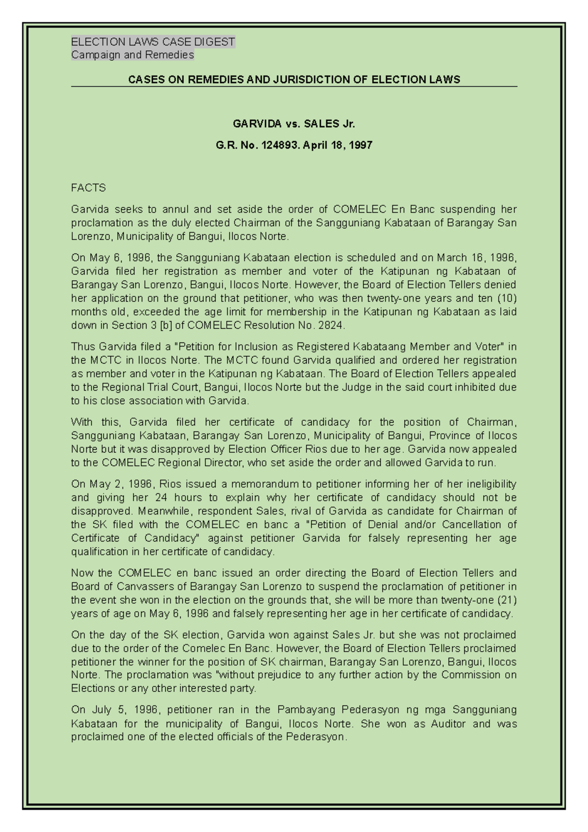 Case Digest in Election Laws- Remedy and Jurisdiction - Campaign and ...