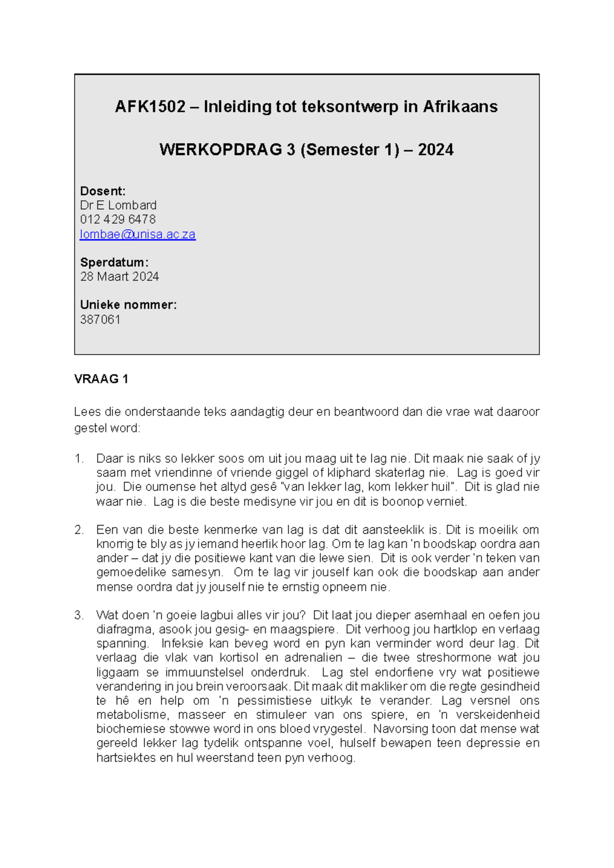 AFK1502 2024 WO 3 SM 1 - AFK1502 – Inleiding tot teksontwerp in Afrikaans WERKOPDRAG 3 (Semester ...