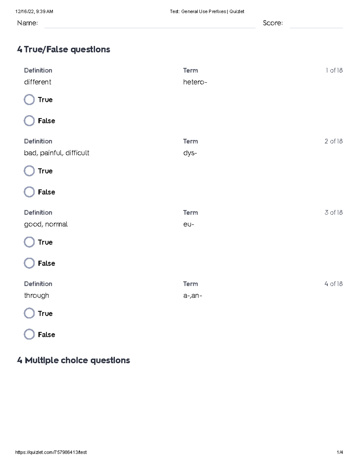 Test General Use Prefixes Quizlet - Name: Score: 4 True/False questions ...